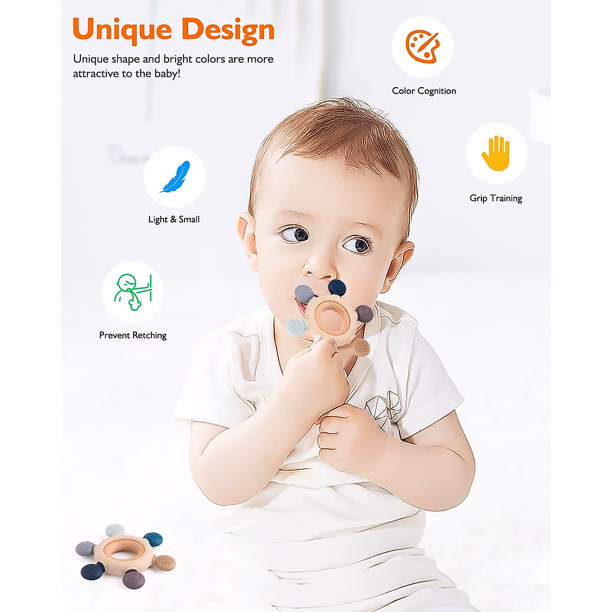 akolik Baby Teething Toys for Babies 0-6 6-12 Months Rudder Teether BPA Free with Wooden Ring Silicone Chewable Teether Help with Teething Pain Relief (Helm A)