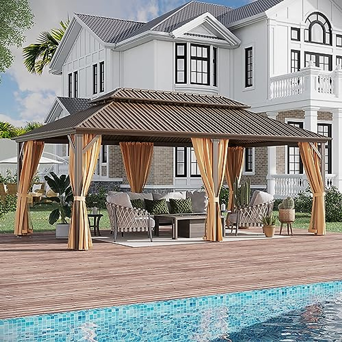 GAZEBEST 12x20 ft Hardtop Gazebo Outdoor Aluminum Patio Gazebo Double Roof Galvanized Steel Gazebo Canopy with Netting and Curtains,for Garden Patio,Patio Backyard,Deck and Lawns