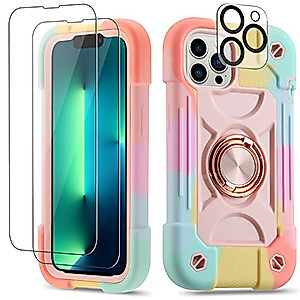 Cookiver iPhone 13 Pro Max 6.7" Case: Ring Stand, 2 Glass Screen Protectors, Camera Lens Protector - Heavy-Duty & Shockproof (Rainbow Pink)