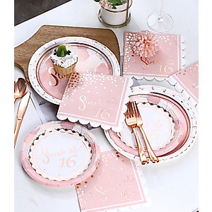 Rose Gold Sweet 16 Birthday Decorations for Girls - Serves 16 - Includes Sweet 16th Plates and Napkins Party Supplies Cups Cutlery for Sweet Sixteen Party