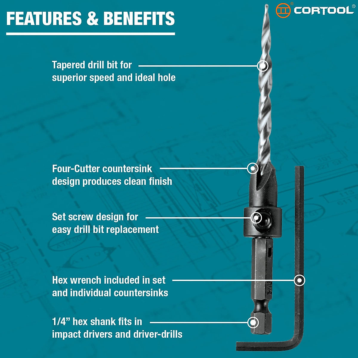 Countersink Drill Bit Set for Wood Countersink Drill Bit with 1/4" Hex Shank Quick Change, Impact Screwdriver Bits and Allen Wrench, 8-Piece Countersinker Drill Bit Set for Woodworking