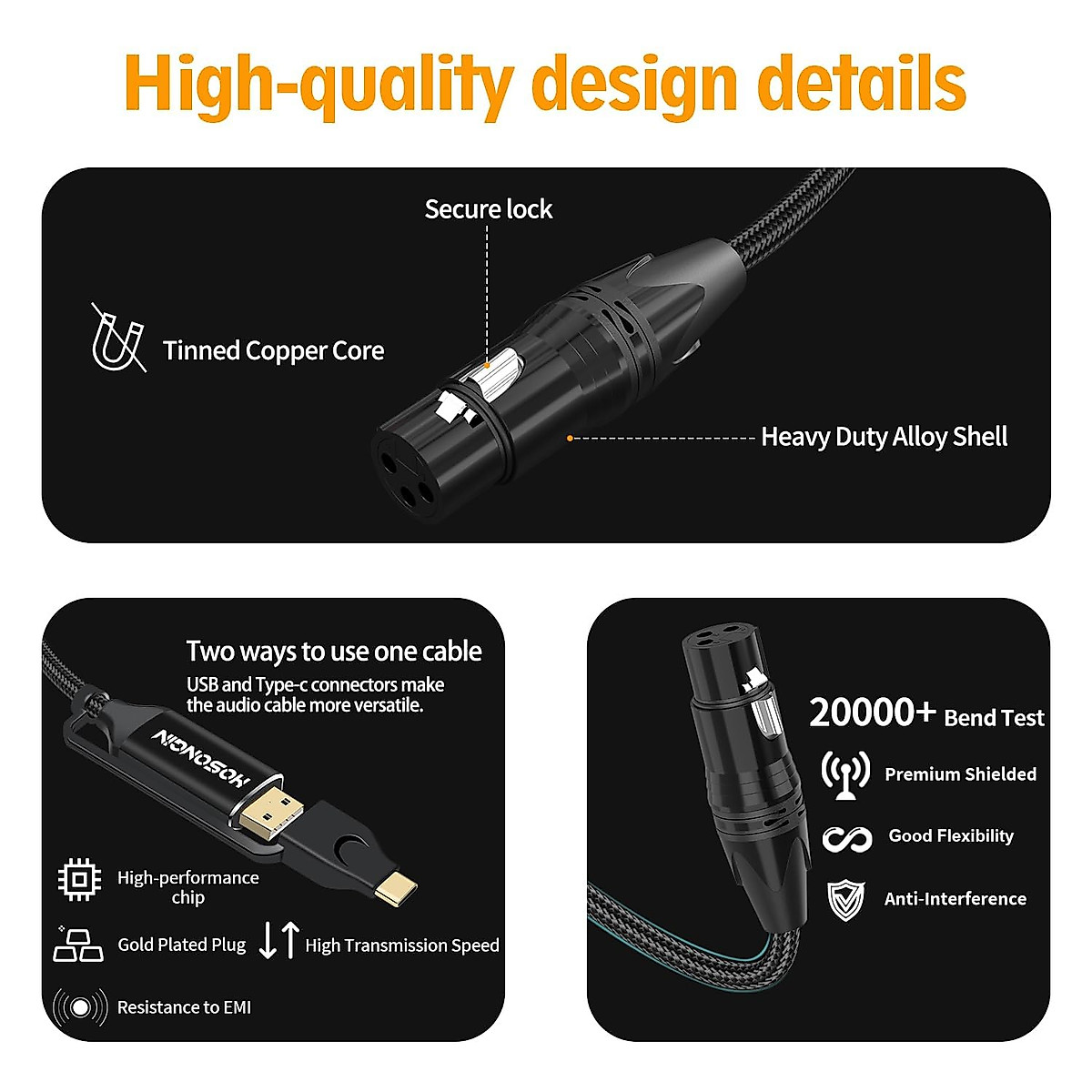 HOSONGIN 1/4 inch to XLR Cable, 1/4 inch Stereo Female to XLR Male Adapter Cable, 12 inch