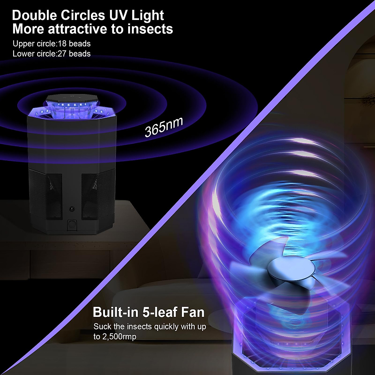 Bug Zapper Indoor, Mosquito Zapper & Killer with Dual Circles of Blue Light & 2 Glue Boards for Mosquitoes Fruit Flies Gnats, Powerful 3 Speed Adjustable Fruit Fly Traps for Indoors Kitchen Home