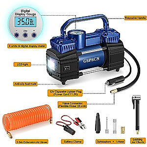 GSPSCN Portable Digital Car Tire Inflator with Gauge 150Psi Auto Shut-Off, Heavy Duty Double Cylinders 12V Air Compressor Pump w/Emergency LED Light for Auto,Truck,Car,Bicycles,RV,SUV,Balls etc. Blue