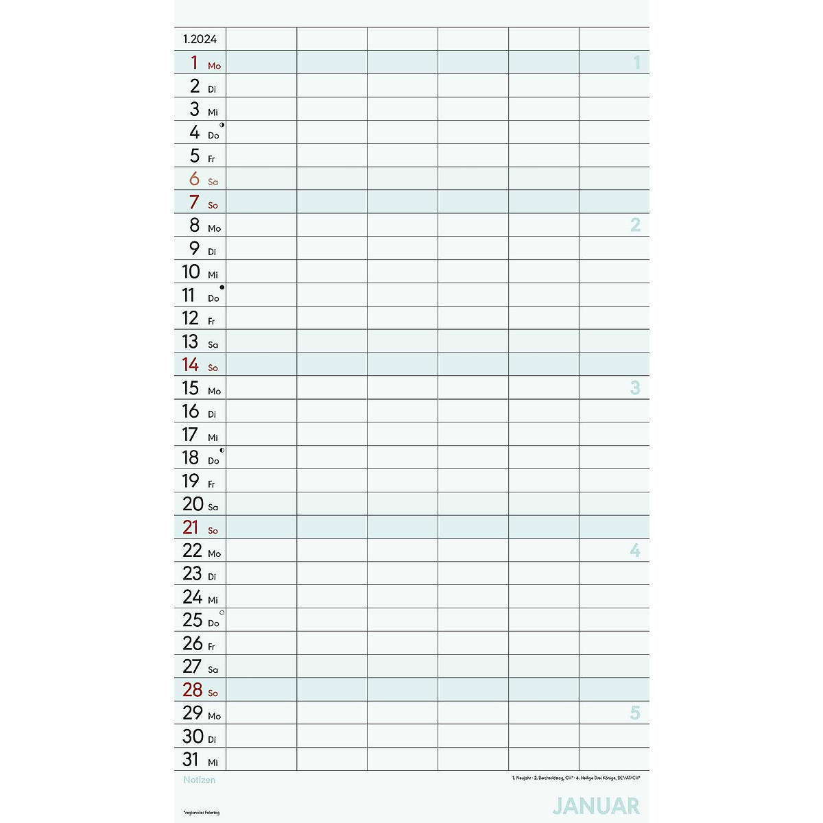 Family Planner XL 2024 with 6 Columns - Family Timer 26 x 45 cm - Offset Paper - with Holiday Dates - Wall Planner - Family Calendar - Alpha Edition