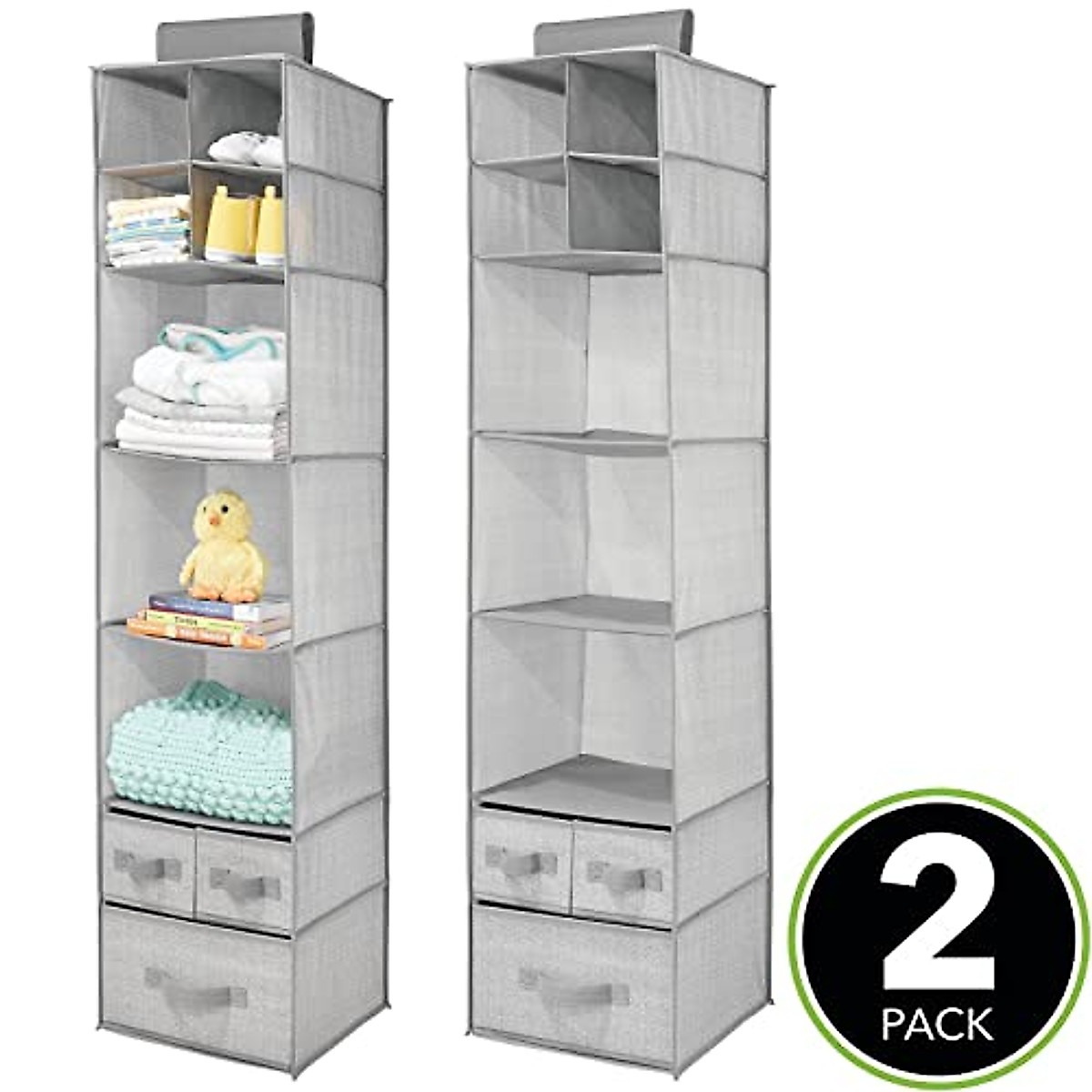 mDesign Soft Fabric Over Closet Rod Hanging Storage Organizer with 7 Shelves and 3 Removable Drawers for Child/Kids Room or Nursery - Herringbone Print, 2 Pack - Gray