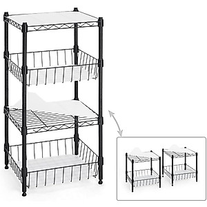 Fencer Wire NSF 2 to 4 Tier Stackable Wire Shelving Unit w/Baskets & Liner, Storage Rack Kitchen, Bathroom, Laundry Closet, Wire Shelving Basket Shelves, Storage Rack Corner Shelves, Black