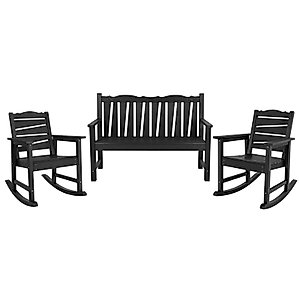 LAHAAP Outdoor Rocking Chairs Set, Weatherproof HIPS Outdoor Furniture, Include 2 Patio Rocking Chairs + Outdoor Bench, Suit for Garden, Porch, Lawn & Backyard(Black)