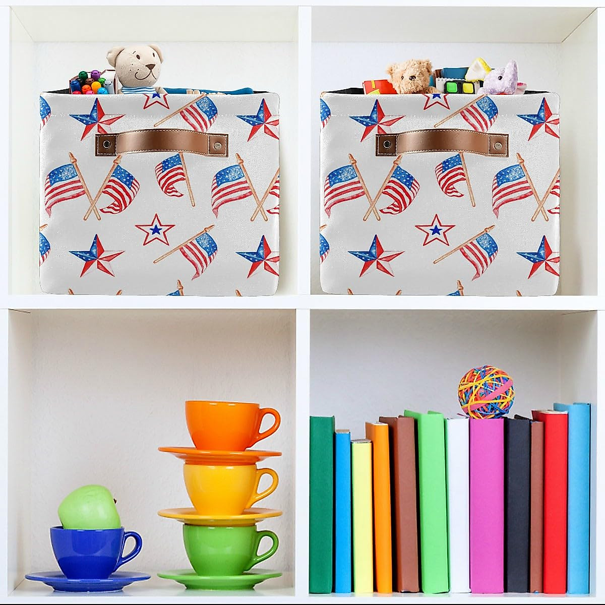 American Flag Independence Day Star Storage Basket,Large Storage Bin Fabric Collapsible Organizer Bag with Handles 15x11x9.5 inch