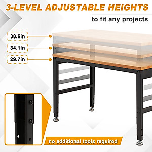 AHB 60" Workbench Adjustable Height, Oak Wood Work Table with Power Outlets, Max 2000 LBS, Heavy Duty Workstation for Garage Party Shop Office Home(Black 60"x 22")