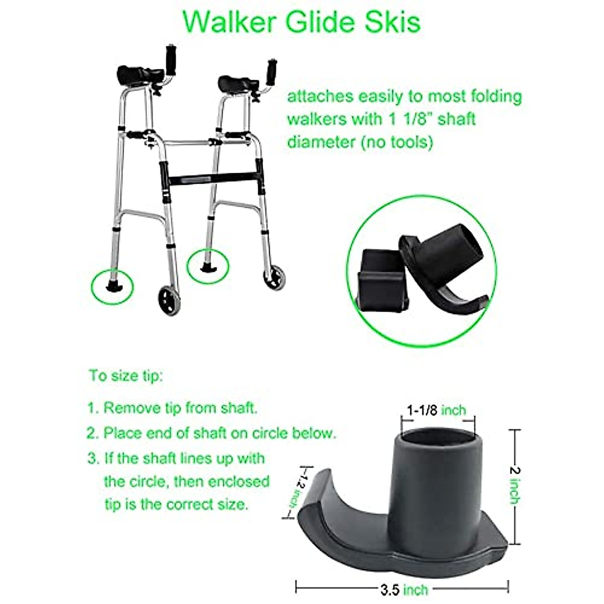 Walker Ski Glides, for1 1/8 Inch Tubes,Pop and Glide Easy Use Walker Skis, Heavy Duty Coaster Skis for Medical Walkers,Black (2)，QingTD