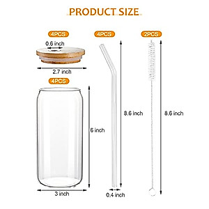 YSJILIDE Glass Cups with Bamboo Lids and Glass Straws 4 Set, 16oz Can Shaped Drinking Glass Cups, Iced Coffee Cup, beer glasses Ideal for cocktails, whisky, juice, DIY, Gifts - 2 Cleaning Brushes