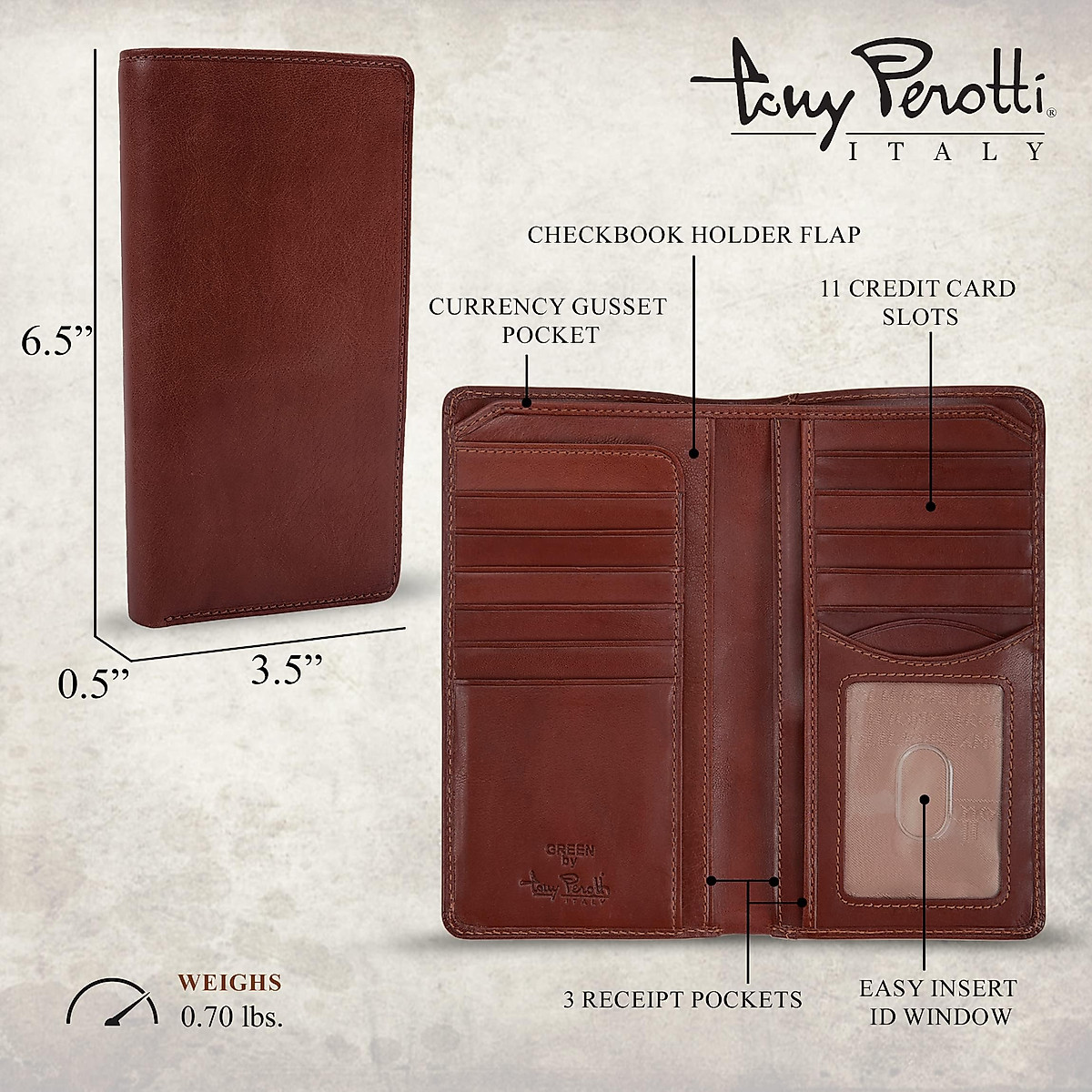 Tony Perotti Men's Leather Checkbook Long Wallets - Italian Bifold with Card Holders, Pockets, ID Window - Eco-Friendly Vegetable-Tanned Full Grain