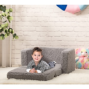 ALIMORDEN 2-in-1 Flip Out Cuddly Sherpa Toddler Couch, Convertible Sofa to Lounger, Grey