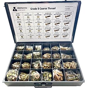 M&M Fasteners 1,250 Piece Grade 8 Coarse Thread Nut Bolt Hex Bolt Hex Head Cap Screw & Washer Assortment with Metal Drawer