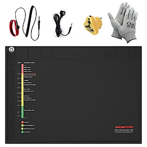 18x12 Inch ESD Silicone Soldering Mat,Anti Static Repair Work Mat Tool Kits for PC Building Includes Grounding Plug Outlet Adpater,Antistatic Gloves,Wrist Strap Bracelet Wristband,Wire Cord,Aidacom