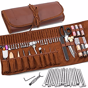 TLKKUE Leather Craft Tools Leather Working Tools Kit with Custom Storage Bag Leather Carving Tools Leather Craft Making for Cutting Punching Sewing Carving Stamping Leather Tooling Kit
