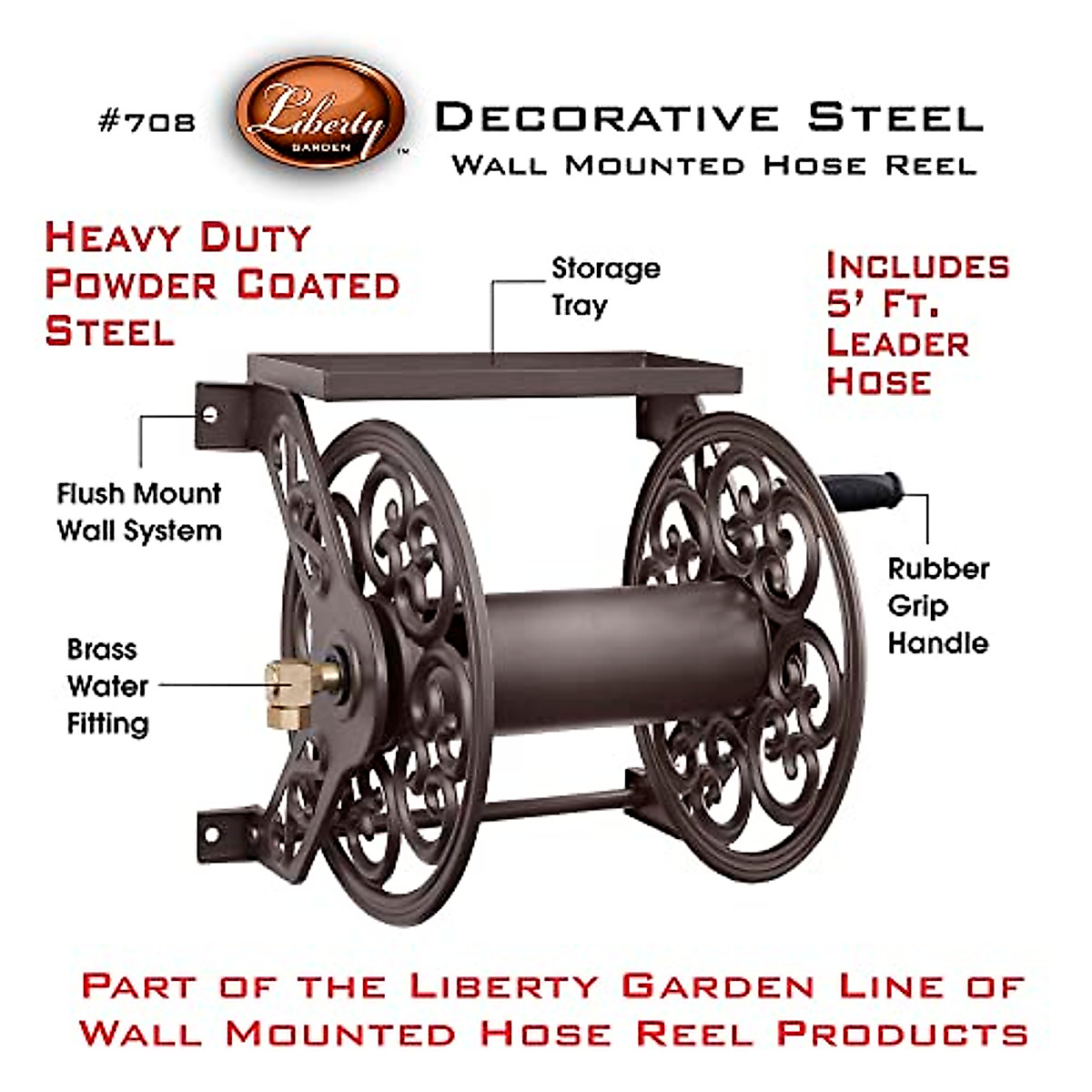 Liberty Garden Products 708 Steel Decorative Wall Mount Garden Hose Reel, Holds 125-Feet of 5/8-Inch Hose - Bronze