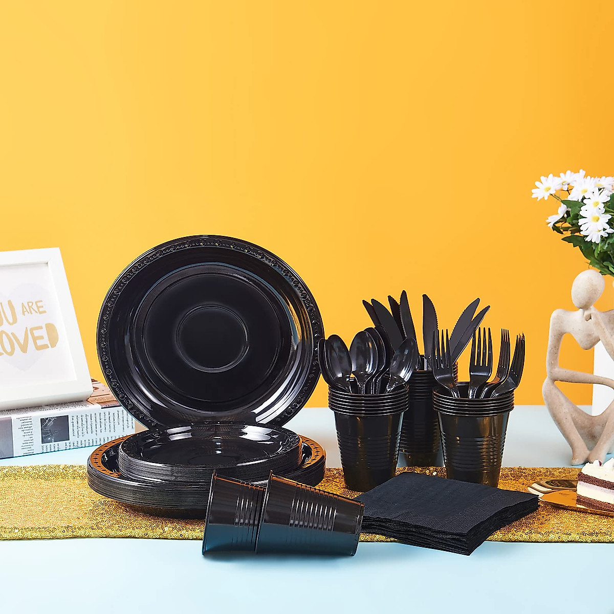 175 PCS Black Party Supplies Disposable Dinnerware Set Plastic Plates and Paper Napkins Cups Silverware Serve 25 Sets for Birthday Bridal Shower Wedding Engagement Graduation Parties