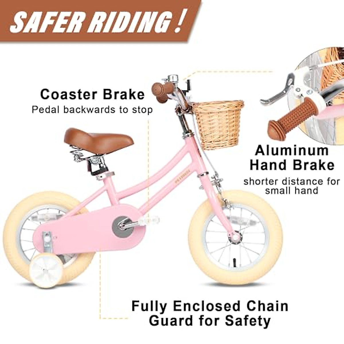 Petimini 14 Inch Little Kids Bike for Age 3 4 5 Years Old Girls Retro Vintage Style Bicycles with Basket Training Wheels and Bell, Pink