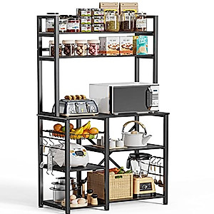Gizoon Home Kitchen Baker's Rack with Spacious Storage, 5 Tier Versatile Microwave Stand Shelf with Basket & Side Hooks,Free Standing, Sturdy, Durable-Black