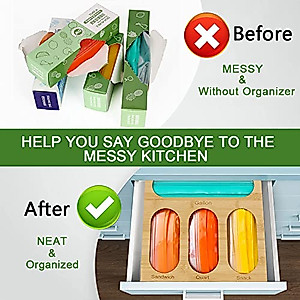 Zip Lock Bag Organizer, Kitchen Organization Storage, Bamboo Ziplock Tea Bag Organizer Baggie Holder for Snack Sandwich Food Storage Plastic Bags Organizers (1 Box 4 Slots)