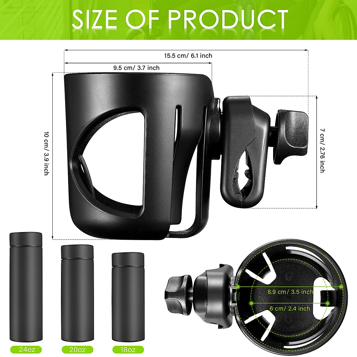 3 Pack Universal Cup Holder for Stroller, Large Caliber Designed Cup Holders Adjustable Bike Boat Cup Holder 360 Degrees Rotation Drink Cup Holder for Stroller, Wheelchair, Walker, Trolley, Black