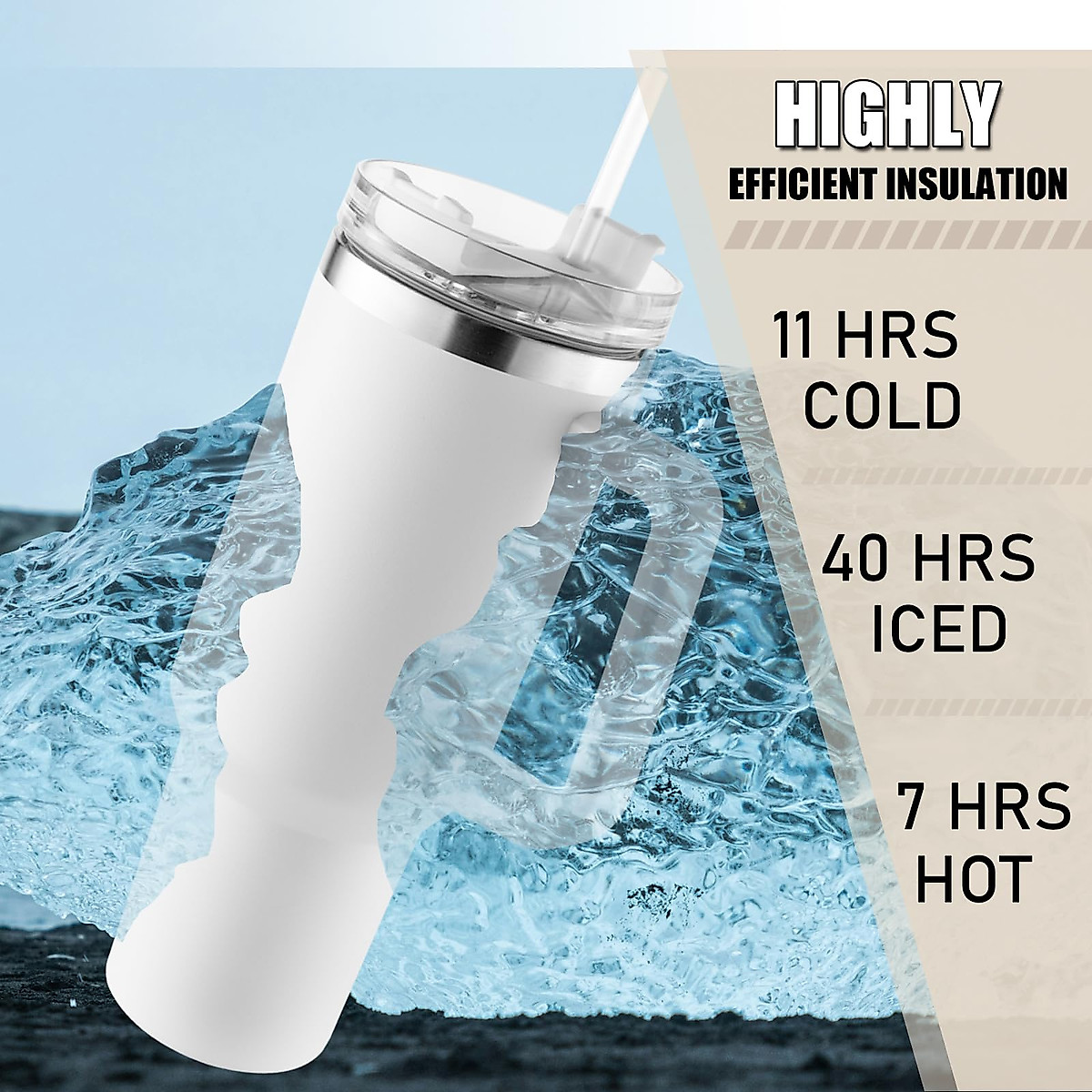 Xereizo 40 oz Tumbler with Handle and Straw, Leak Proof Stainless Steel Insulated Travel Coffee Tumbler Cups Lid and Straw, Iced for 40 Hours Cupholder Friendly Water Bottle Mug, Frost, White