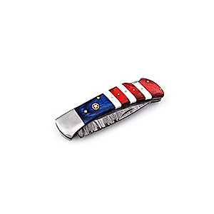 SagaCity Damascus Pocket Knife, 7.4” Inches American Flag Damascus Folding Knife, Damascus Knife, Custom Pocket Knife for Men, Sharp Pocket Knife with Real Leather Sheath; 501