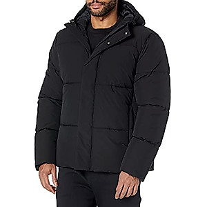 Amazon Essentials Men's Recycled Polyester Mid-Length Hooded Puffer (Available in Big & Tall), Black, Large