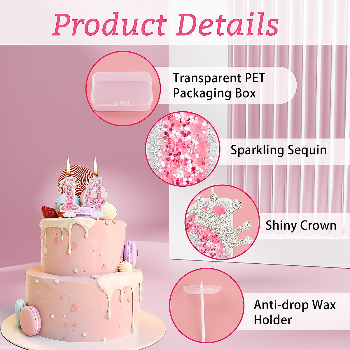 DAJISI 2.95 Inch Birthday Candle for Cake, Pink Birthday Candles Number Candles for Birthday Cakes with Crown Large Sparkler Candles for Cake Topper Decoration (Pink Crown 5)