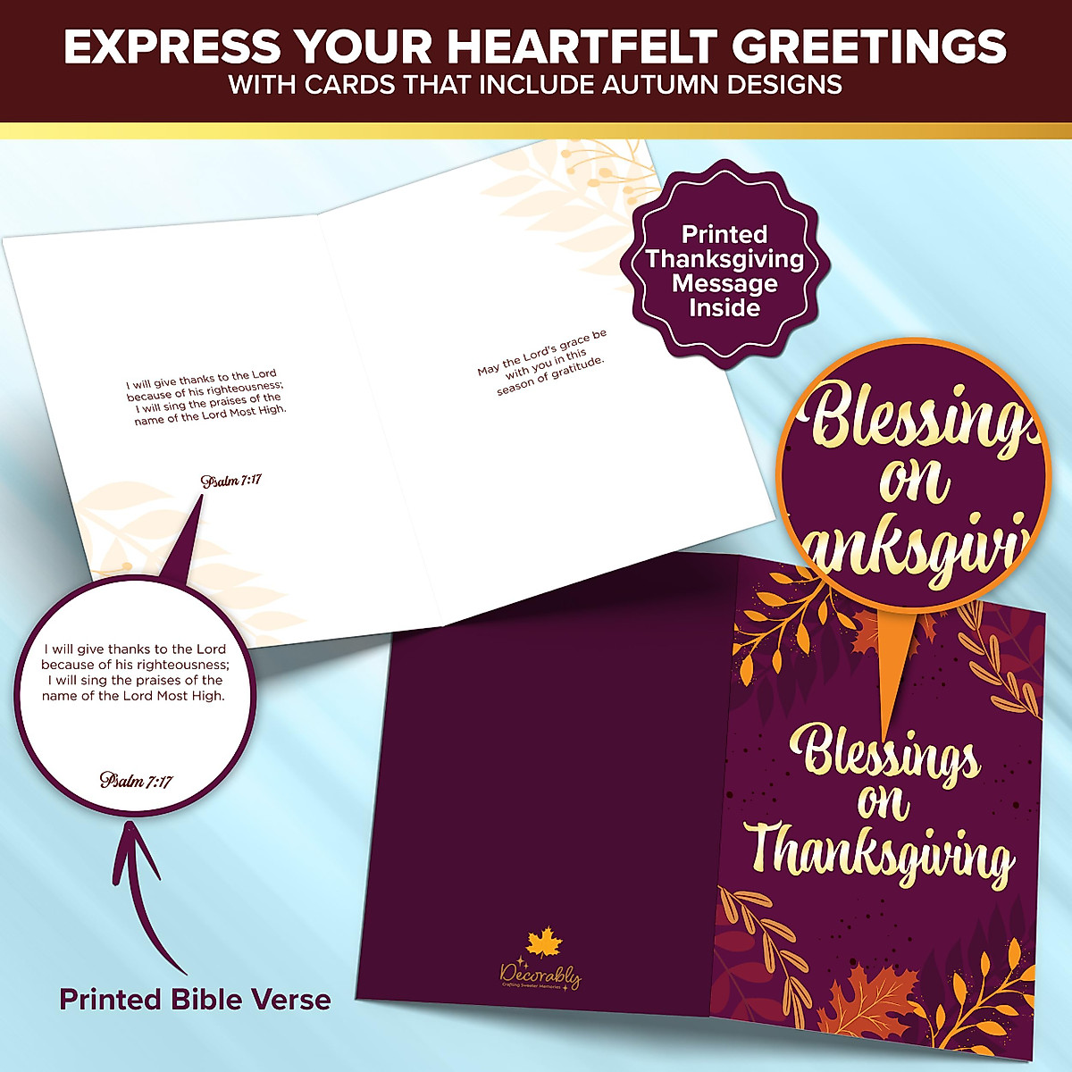 Decorably 18 Pack Foiled Religious Thanksgiving Cards with Envelopes & Stickers - 6 Designs with Printed Message Inside Christian Thanksgiving Cards Pack, 5x7in Happy Thanksgiving Cards Religious