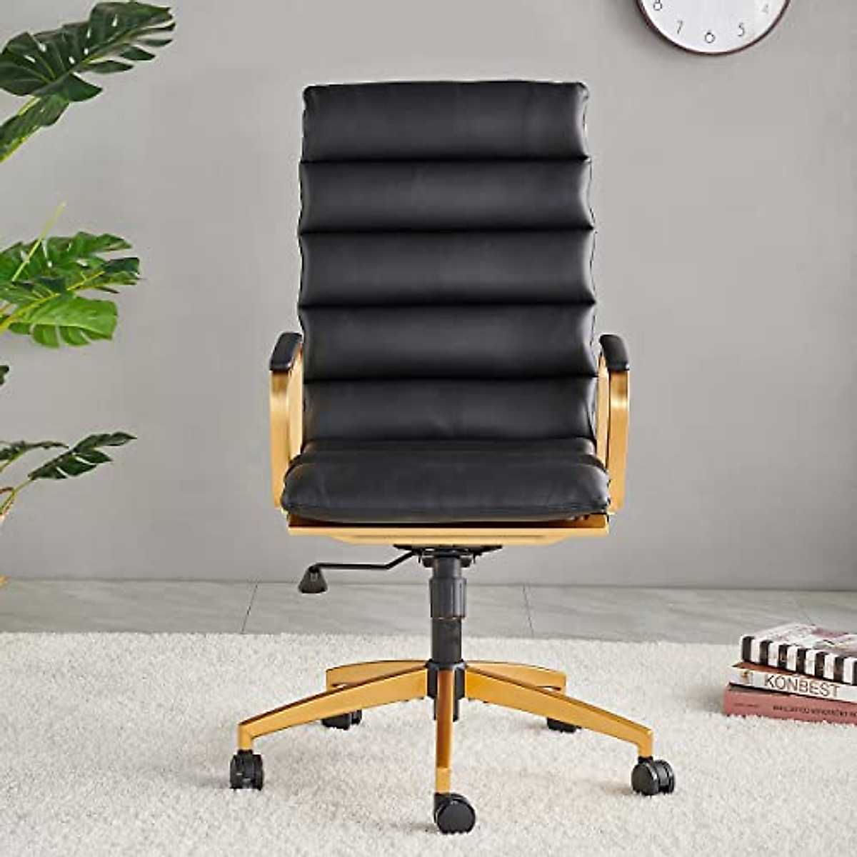 Hioryllks Modern Chair - Black Leather, Gold Frame, Adjustable, Durable, Office Use