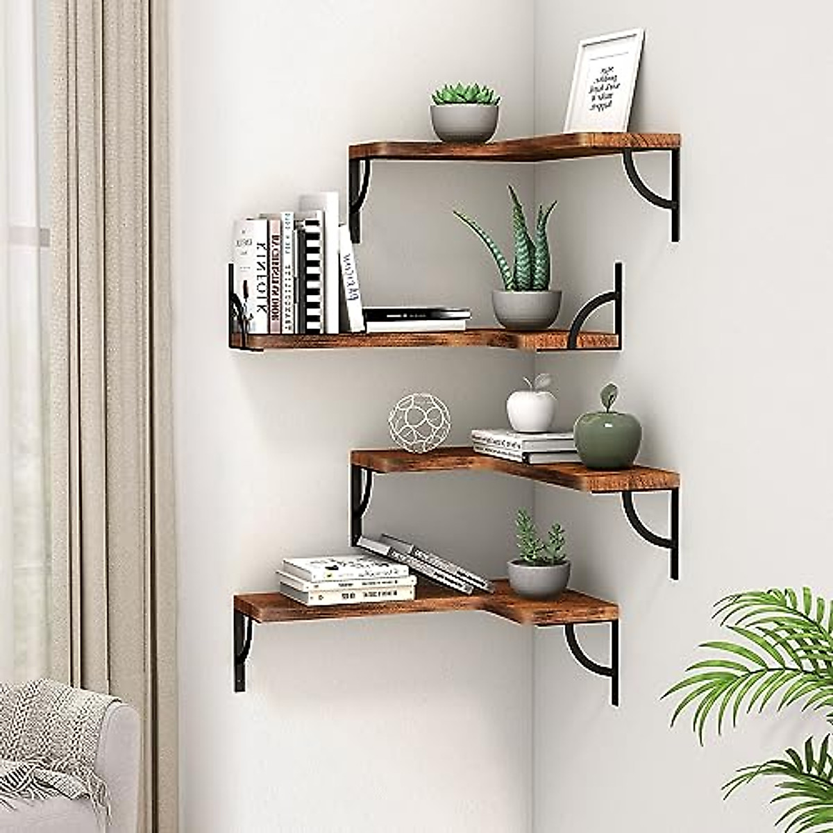 Canupdog Corner Floating Shelf Wall Mount 4 Tier Wood Floating Shelves, Easy-to-Assemble Tiered Wall Storage, Wall Organizer for Bedrooms, Bathrooms, Kitchens, Offices (Rustic Red)