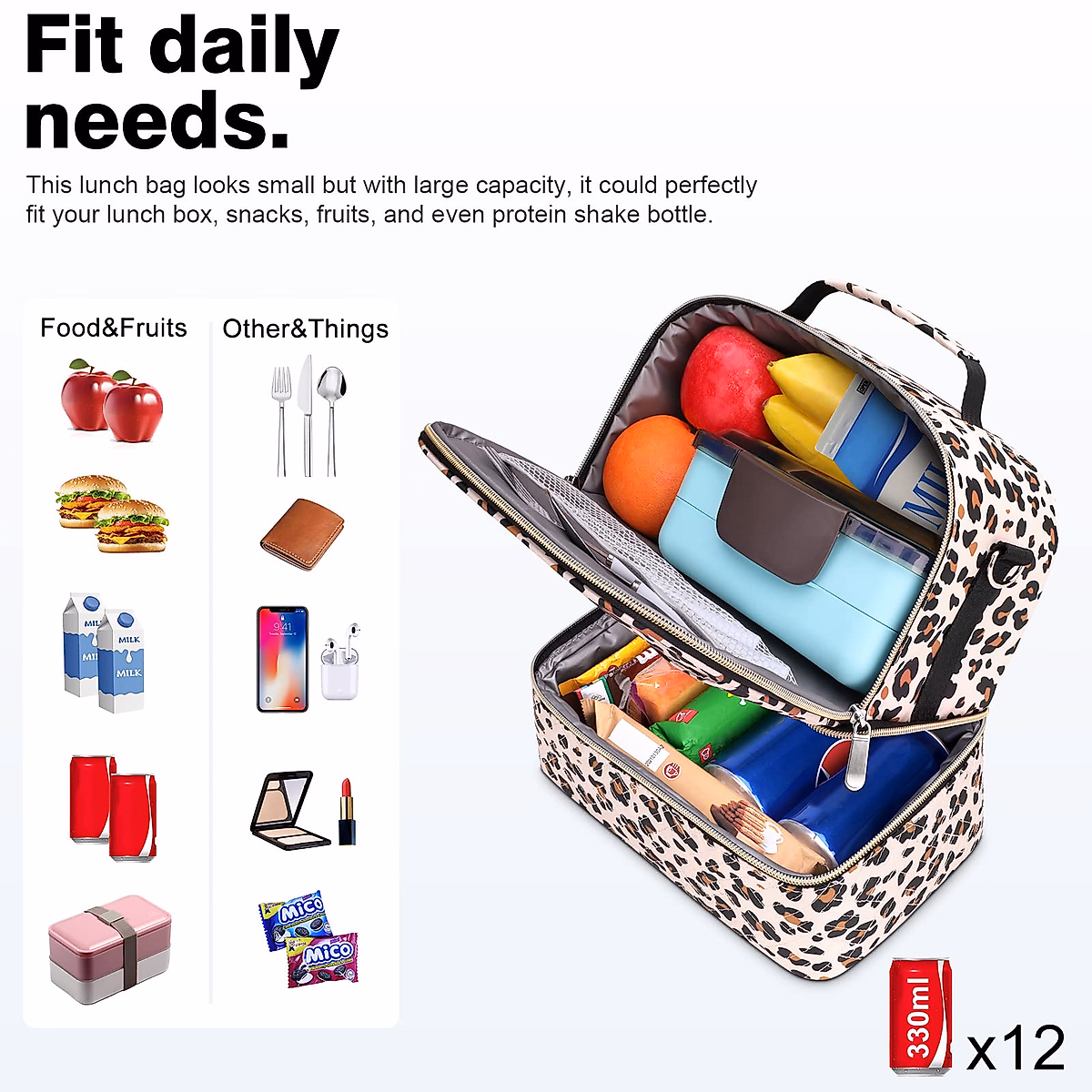 BALORAY Lunch Bag Women Men, Double Deck Lunch Box Insulated Lunch Bag for Adults Work Office Picnic, Leakproof Cooler Bag with Adjustable Shoulder Strap