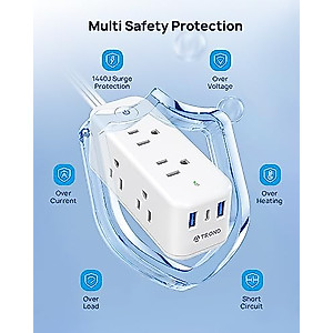 TROND Ultra Thin Flat Extension Cord 10 ft, Flat Plug Power Strip Surge Protector, 6 Wide Space Outlets 3 USB Ports(1 USB C), 3 Side Outlet Extender, Desk Charging Station Compact for Travel Home Dorm