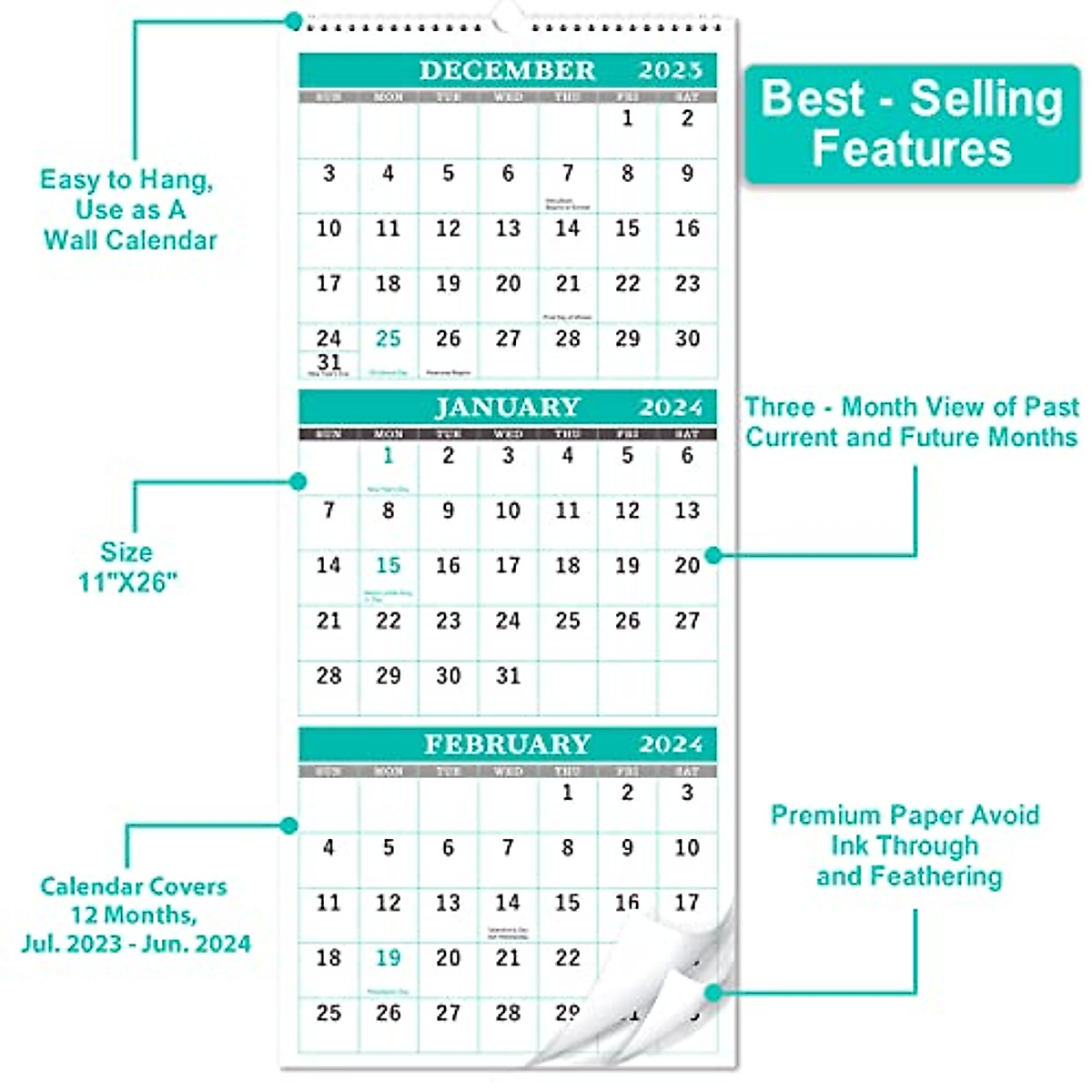 2023-2024 Wall Calendar - 3-Month Display Calendar July 2023- June 2024 (Folded in a Month), 11.3" x 26" (When Opened), 3 Month Calendar, Wall Calendar 2023-2024, 3 Month Vertical Calendar with Thick Paper