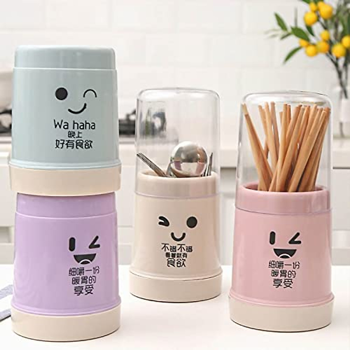 Cute Kitchen Utensil Holder for Countertop and Plastic Drainage Chassis Tableware Storage Container,Chopstick Holder Storage, Standing Cutlery Storage Organizer Caddy with Dustproof(pink)