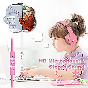 MIDOLA Kids Headphones Wired Over Ear Foldable Kids Volume Limit 85dB /110dB Light Foldable Headset with Inline AUX 3.5mm Mic for Child Boy Girl Travel School Gaming Pad PC Laptop Tablet Pink