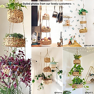 Hanging Fruit Basket 3 Tier for Kitchen, Handmade Natural Rattan Handwoven Wicker Seagrass Woven Wall Baskets Vegetable Organizer Produce Fruit Holder Counter Space Saver Storage Boho Hanging Planter