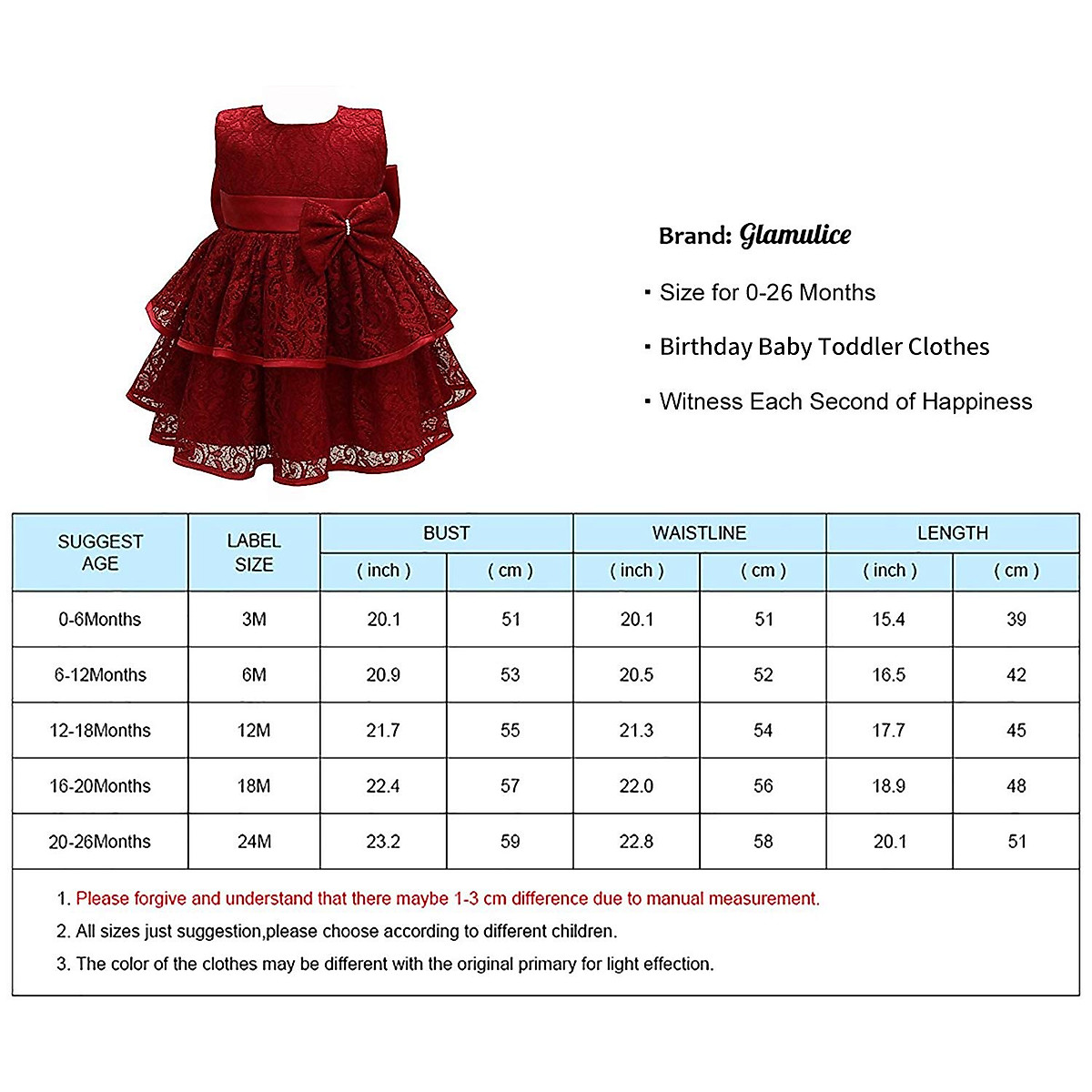 Glamulice Red Baby Flower Girls Dress Outfit Lace Infant First Birthday Outfit Wedding Bridesmaid Party Christmas Dresses 6-12 Burgundy Newborn Formal Holiday Ball Gown Daughters Photo Shoot Event 6M