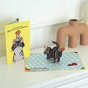 Dirty Pop Cards - Purr-fect Pop Up Birthday Card, 3D Cat Farting Confetti Funny Birthday Card, Cat Mom or Dad Bday Popup Cards for Husband, Wife, Friend, and Every Cat Lover - 1 Card 5 x 7 inch, 1 Notepaper, 1 Envelope