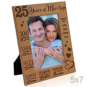 KATE POSH 25 Years of Marriage Engraved Natural Wood Frame, 25th, Husband & Wife, 25 Years Down Forever to Go, Silver Wedding Anniversary (5x7-Vertical)