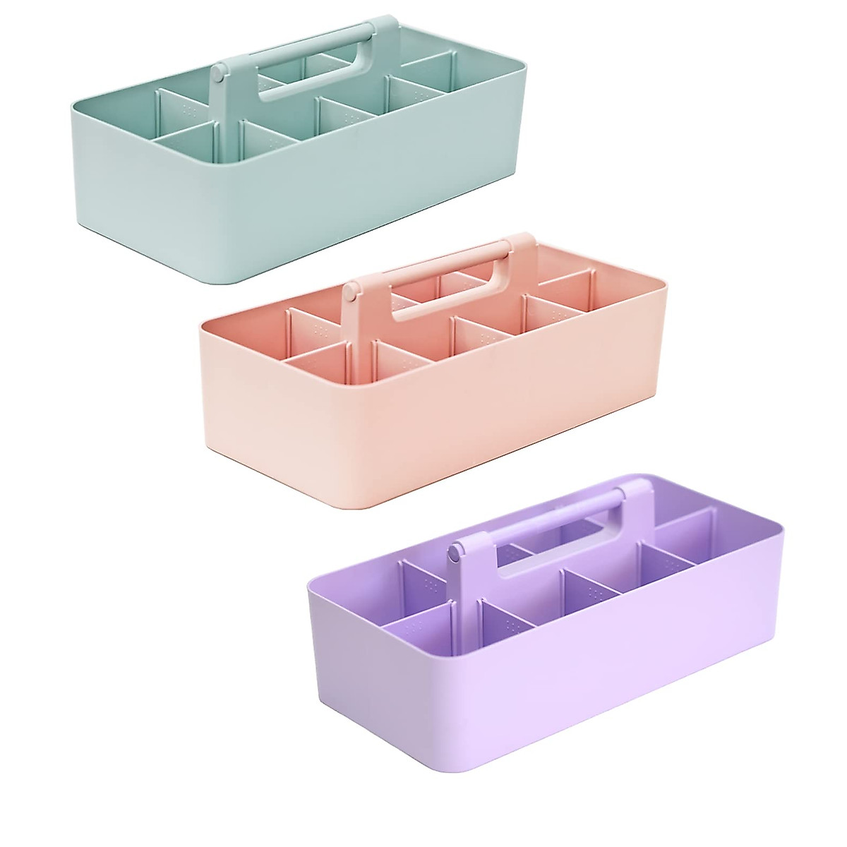 Enjoy Organizer -Large Portable Caddy, DIY Dividers, 8 Compartments, School Office Supplies Home Business Organizer,Portable Basket with Handle Made in USA (3 PACK, Mint/Pink/Lavender)