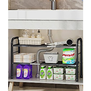 2-Tier Bathroom Kitchen Cabinet Organizers,Under Sink Storage Shelf Telescopic Adjustable with Removable Panels,for Laundry Bedroom