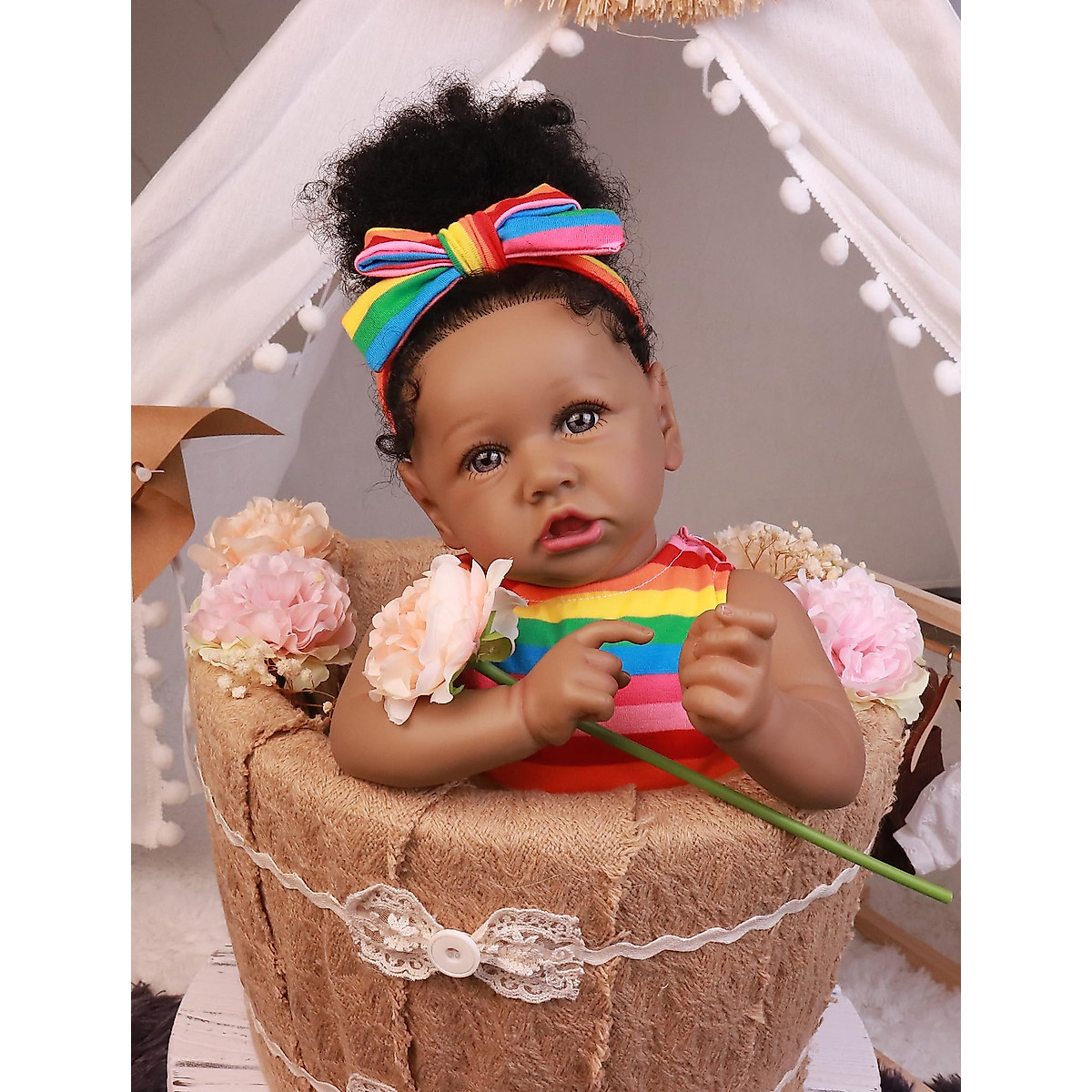 HOOMAI Lifelike Reborn Baby Dolls with Soft Body African American Realistic Girl Doll 22.8 Inch Best Birthday Gift Set