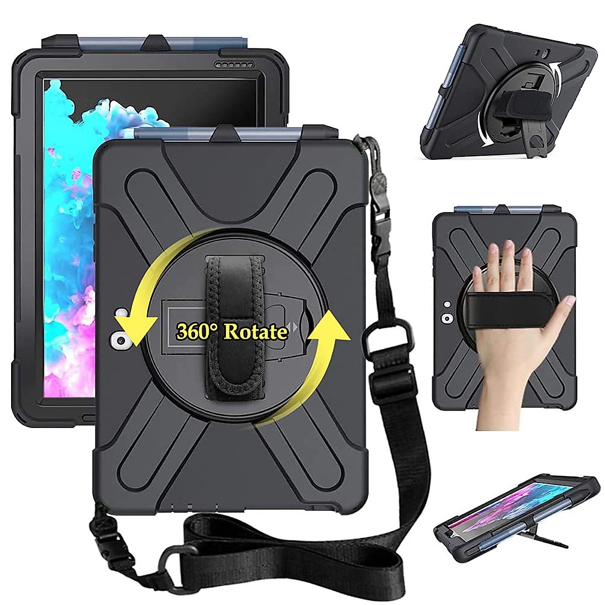 DreamerX Microsoft Surface Go 4 10.5 Inch (2023)/ Surface Go 3 2021/ Surface Go 2 (2020)/ Surface Go Case 10" (2018) with Hand Strap Stand Carrying Shoulder Strap Kids Friendly Shockproof Cover, Black