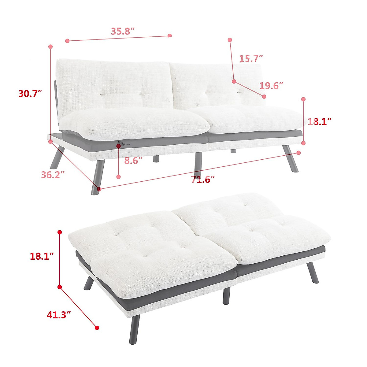 Anwickhomk Convertible Sofa Bed Folding Futon Sofa Bed Modern Upholstered Sleeper Couch for Compact Living Room Fabric Home Recliner Sofa,for Small Apartments, Compact Living Spaces, Offices (Grey)