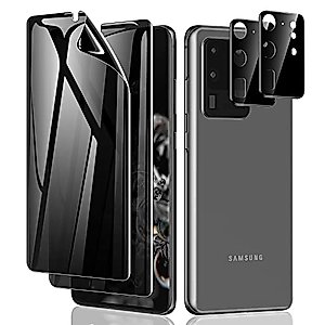 LYWHL [2+2 Pack] for Samsung Galaxy S20 Ultra Privacy Screen Protector, [Support Fingerprint ID] Anti-Spy Black Full Adhesive Flexible Film + Camera Lens Glass Protector for Galaxy S20 Ultra