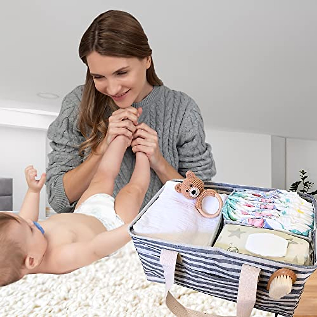 Wdesign Diaper Caddy Organizer – Large Baby Diaper Caddy with Organizing Compartments – Baby Storage Organizer for Newborn Baby Essentials – Collapsible Basket Tote Bag for Nursery, Travel (Stripe)